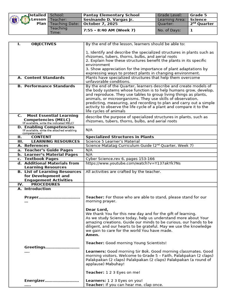 Specialized Plant Structures Lesson Plan | PDF | Seed | Learning
