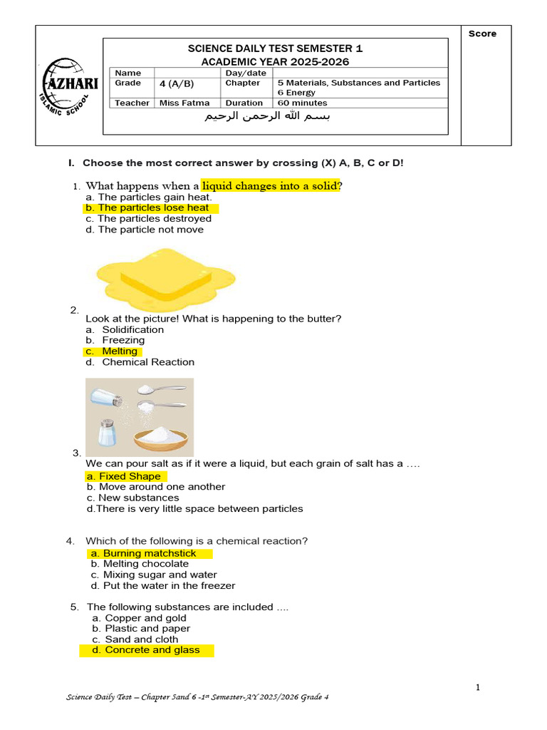 Grade 4 Science Test: Materials & Energy | PDF | Heat | Fires