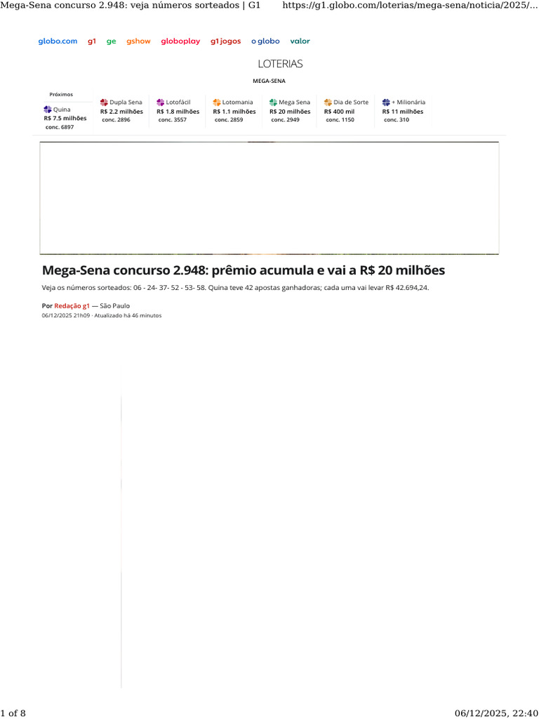 Mega-Sena concurso 2.948_ veja números sorteados _ G1 | PDF