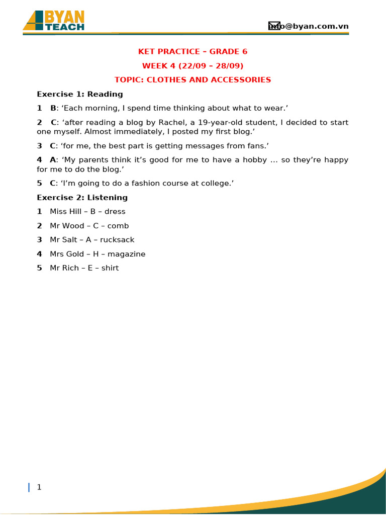 KET Practice: Grade 6 Clothes Topic | PDF