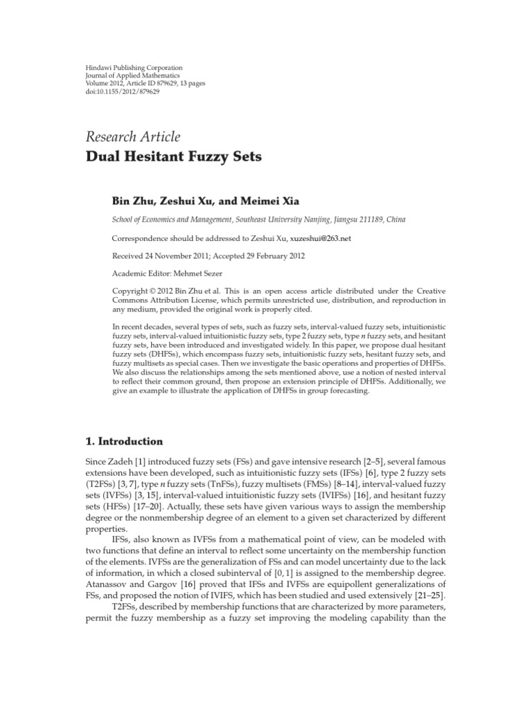 Dual Hesitant Fuzzy Sets | PDF | Fuzzy Logic | Mathematical Analysis