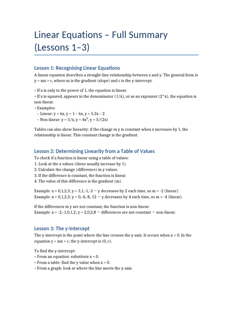 Linear Equations Summary | PDF | Slope | Linearity