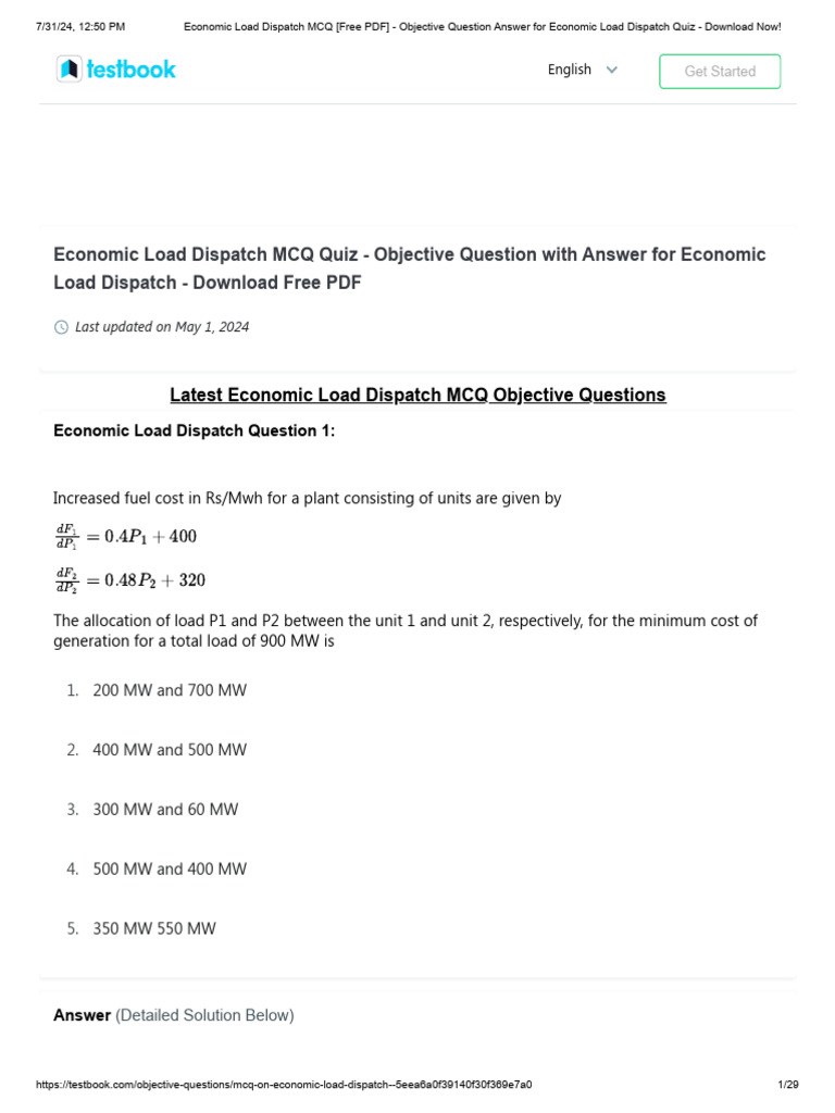 AH_Economic Load Dispatch MCQ [Free PDF] - Objective Question Answer for Economic Load Dispatch ...