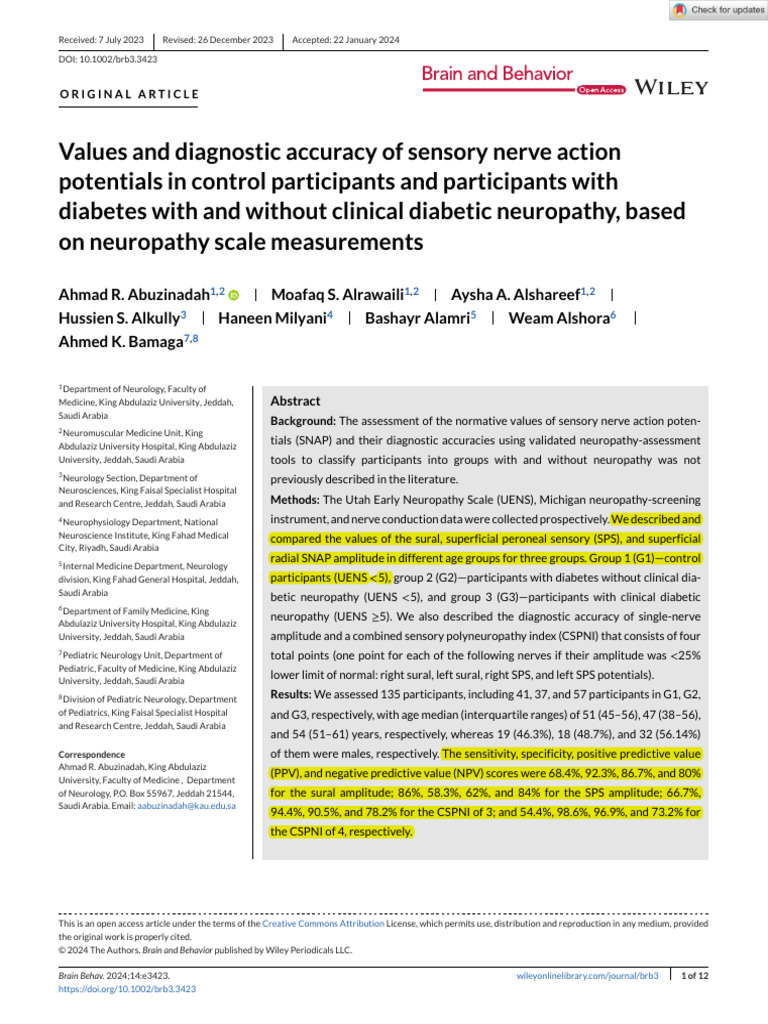 Abuzinadah, Values and Diagnostic Accuracy of Sensory Nerve Action | PDF | Receiver Operating ...