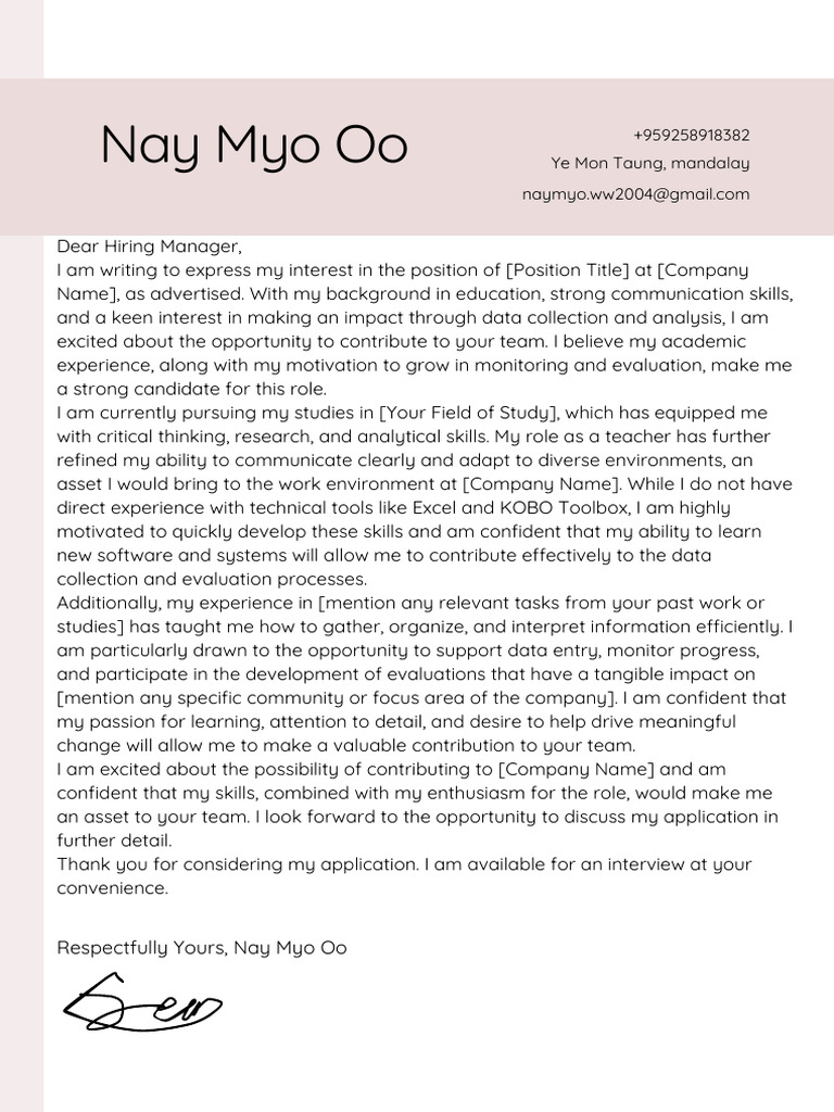 Cover Letter From Nay Myo Oo | PDF