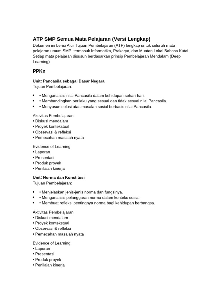 ATP Lengkap SMP Semua Mata Pelajaran | PDF