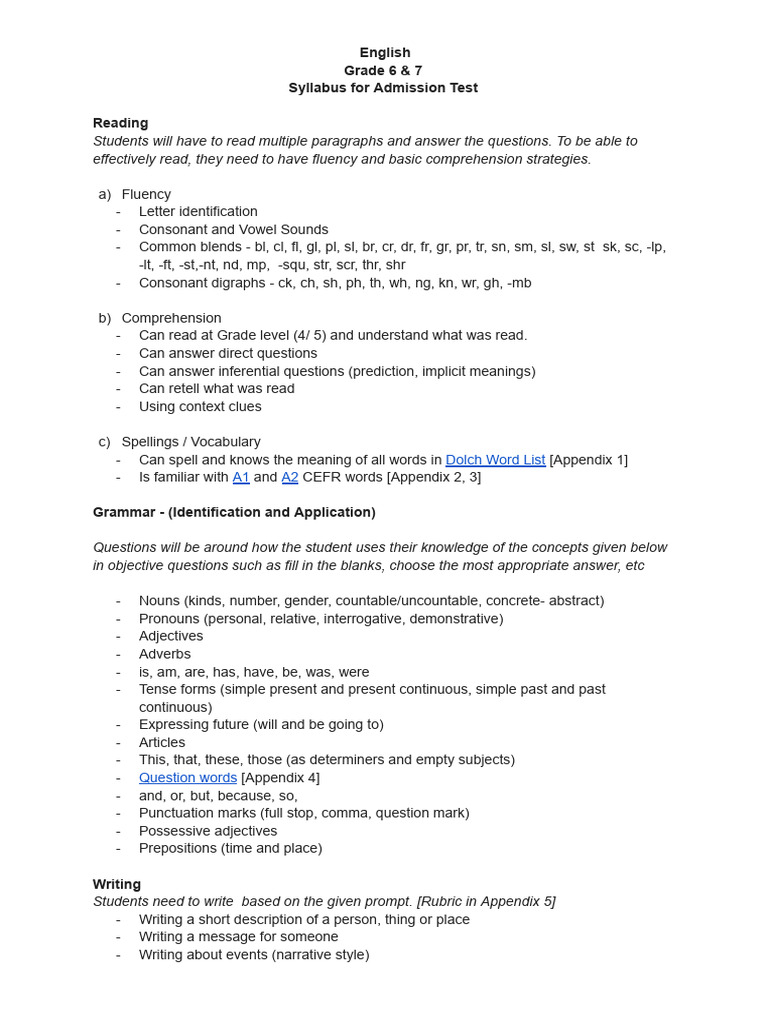Grade 6 & 7 - English Admission Test Syllabus | PDF | English Language ...