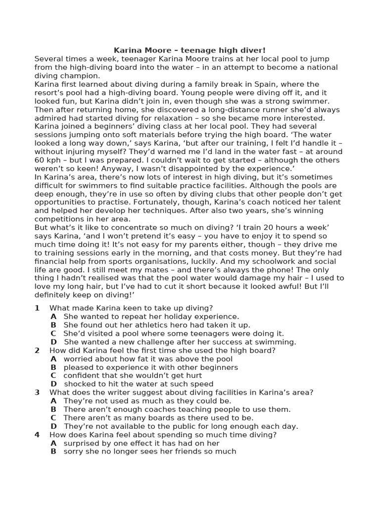 Karina Moore: Rising Teenage Diving Star | PDF | Sleep | Whales