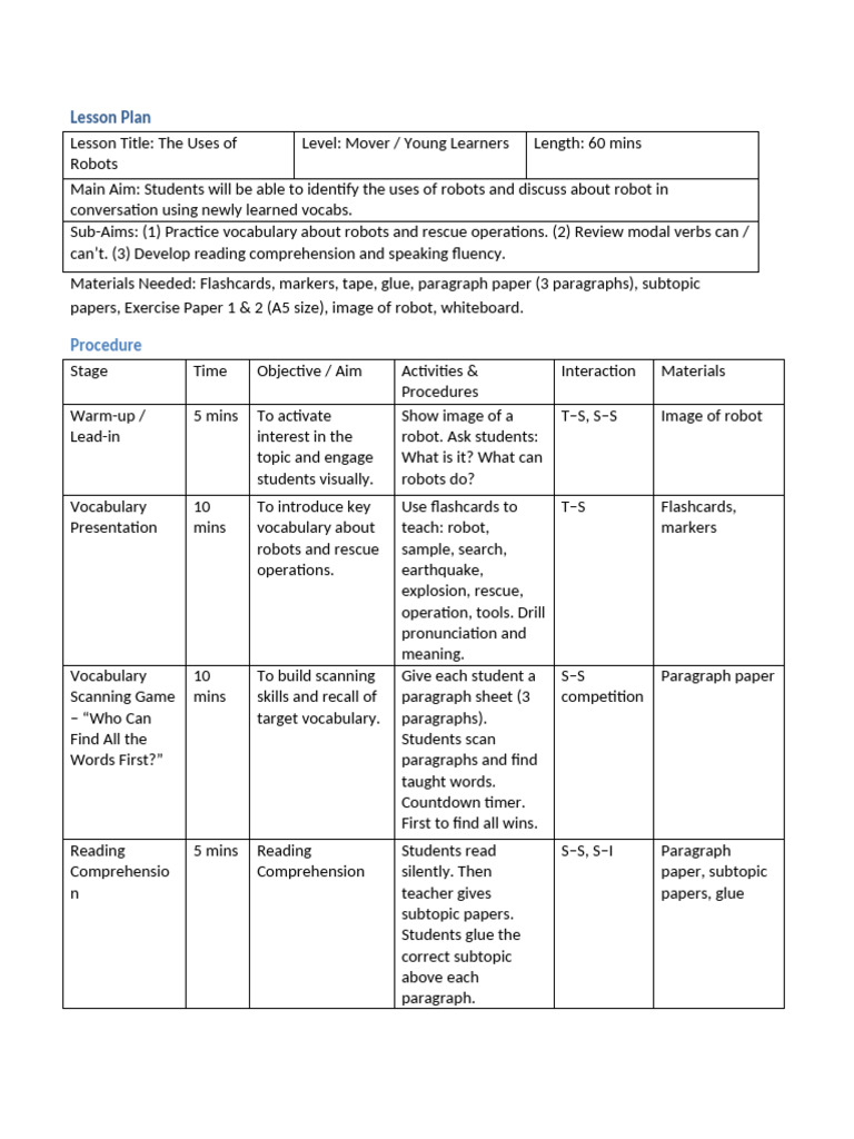 Teaching Robots: Lesson Plan for Kids | PDF | Reading Comprehension ...