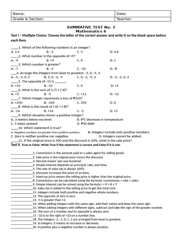 Mathematics 6 Summative Test 3 | PDF | Numbers | Integer