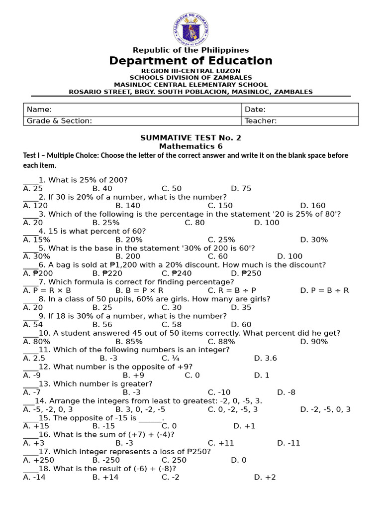 Math Summative Test for Grade 6 | PDF | Numbers | Interest