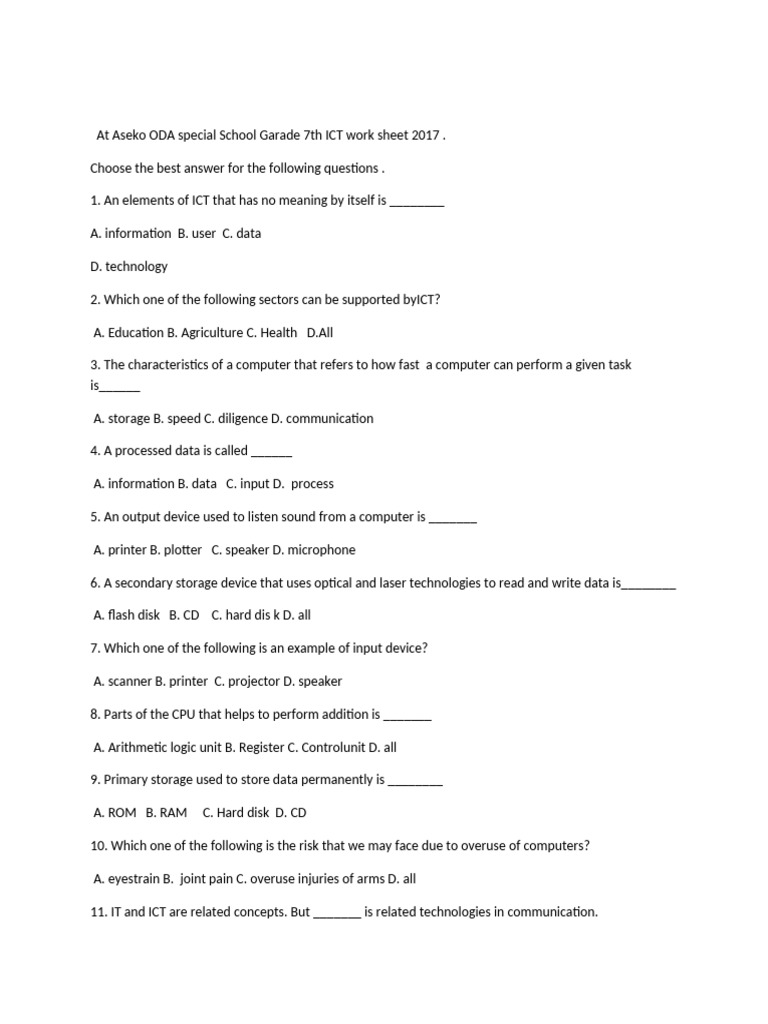 ICT Worksheet for Grade 7 Students | PDF | Computer Data Storage | Disk ...