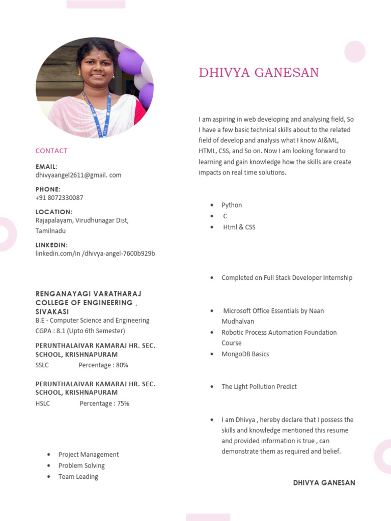Dhivya Ganesan's Resume: Web Developer | PDF