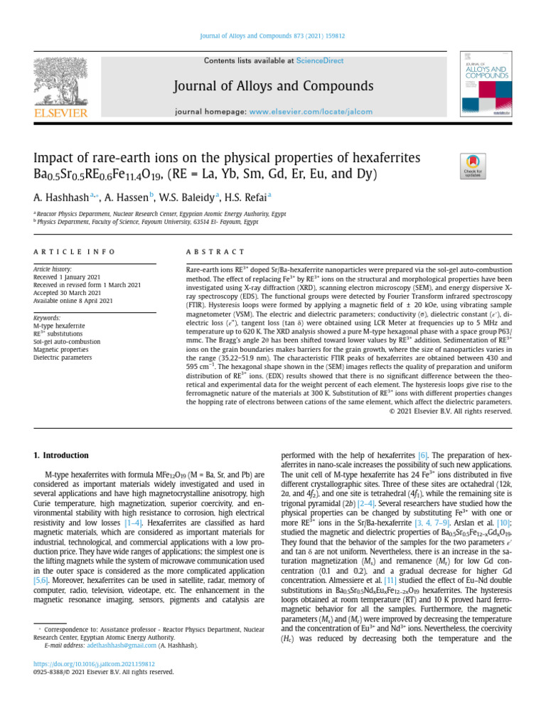 Impact of Rare-earth Ions on the Physical Properties of Hexaferrites ...