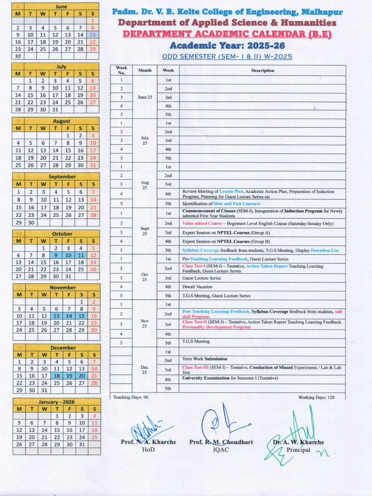 Academic Calendar (First Year 2025 26) | PDF