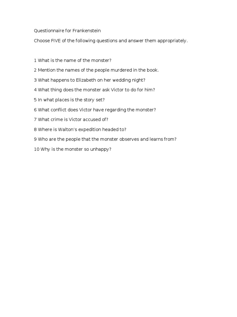 Frankenstein Study Guide Questions | PDF | Mystery, Thriller & Crime ...