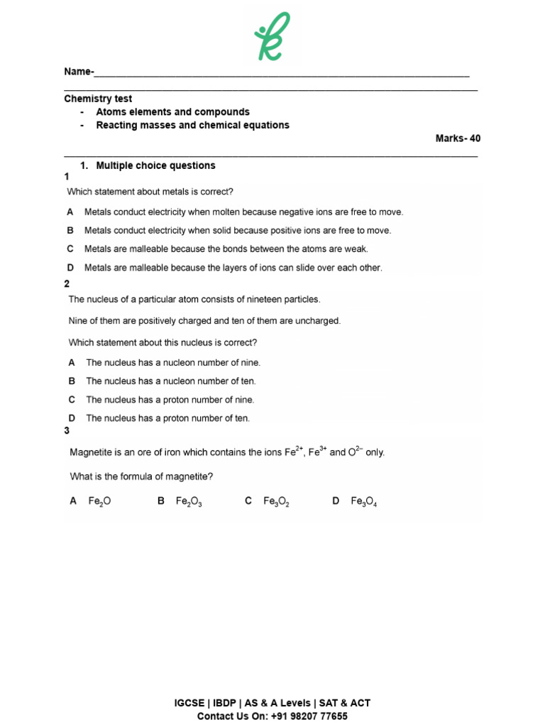 Atoms Elements and Compounds, Reacting Masses QP 1 | PDF