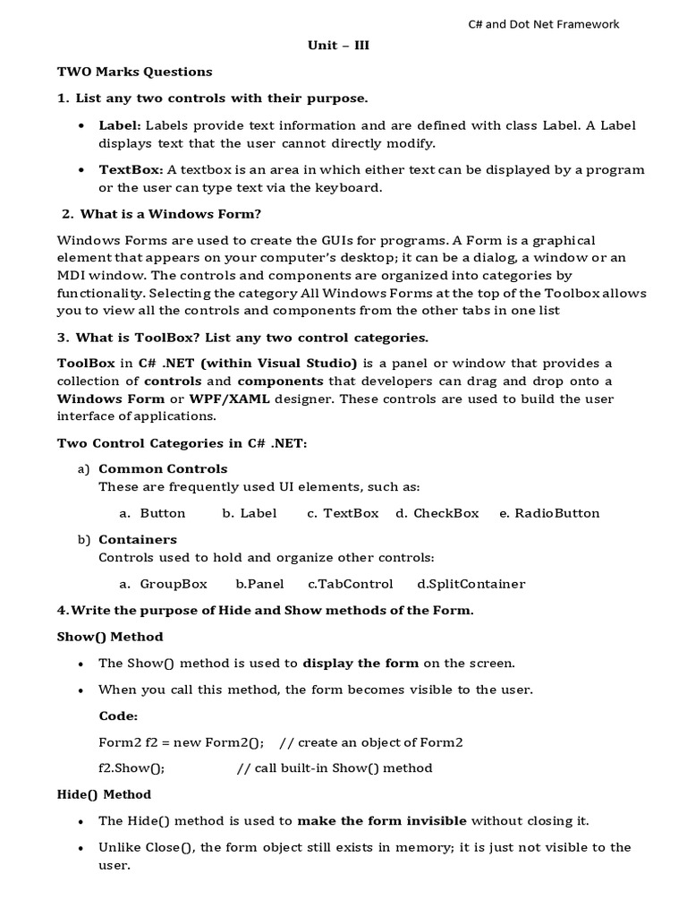 C# QB Solved Unit-3 | PDF | Keyboard Shortcut | Window (Computing)