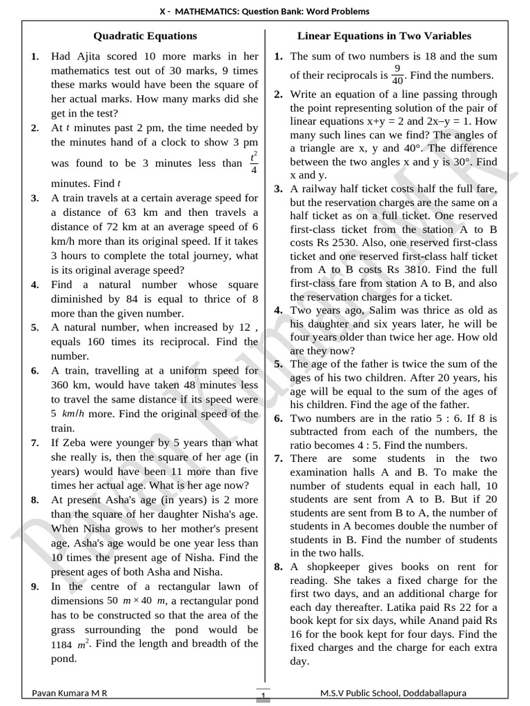 Word Problems in Quadratic & Linear Equations | PDF | Speed | Area