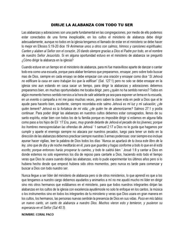 Dirije La Alabanza Con Todo Tu Ser - Ensayo Setad | PDF | Salmos | Oración