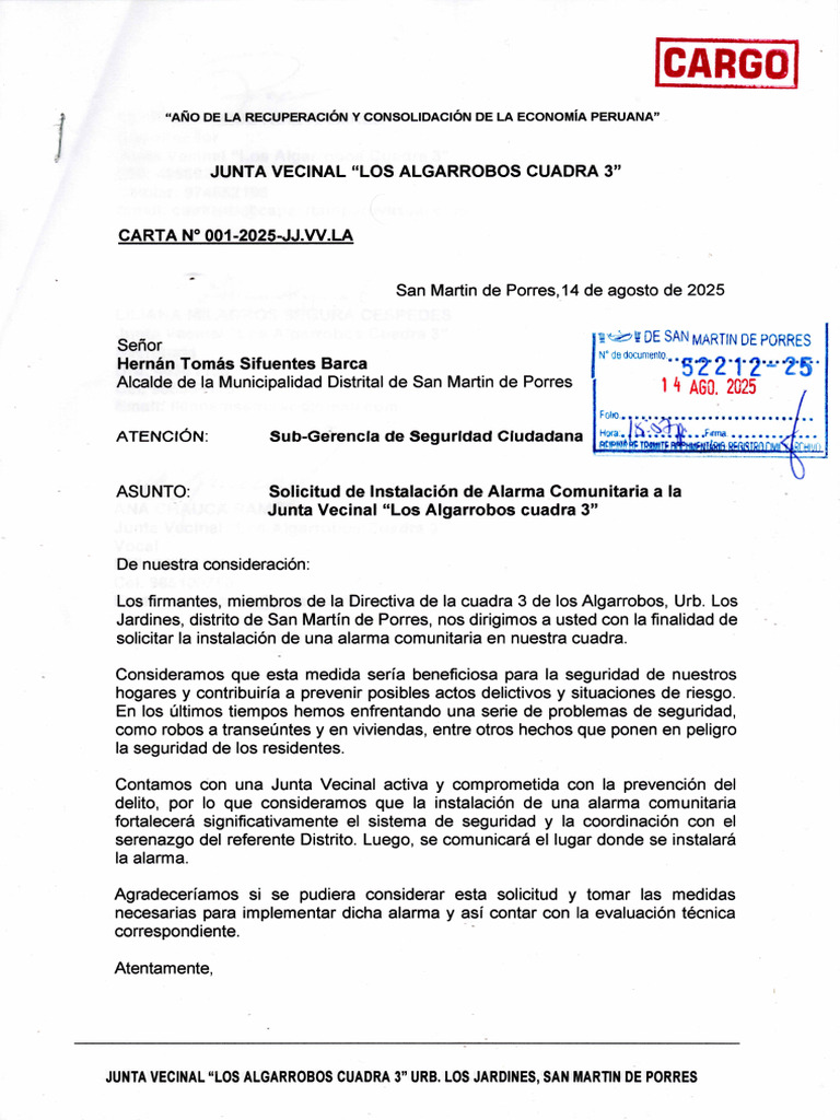 Carta de Solicitud de Alarma Comunitaria Carta-001-2025-Jj - Vv.la | PDF