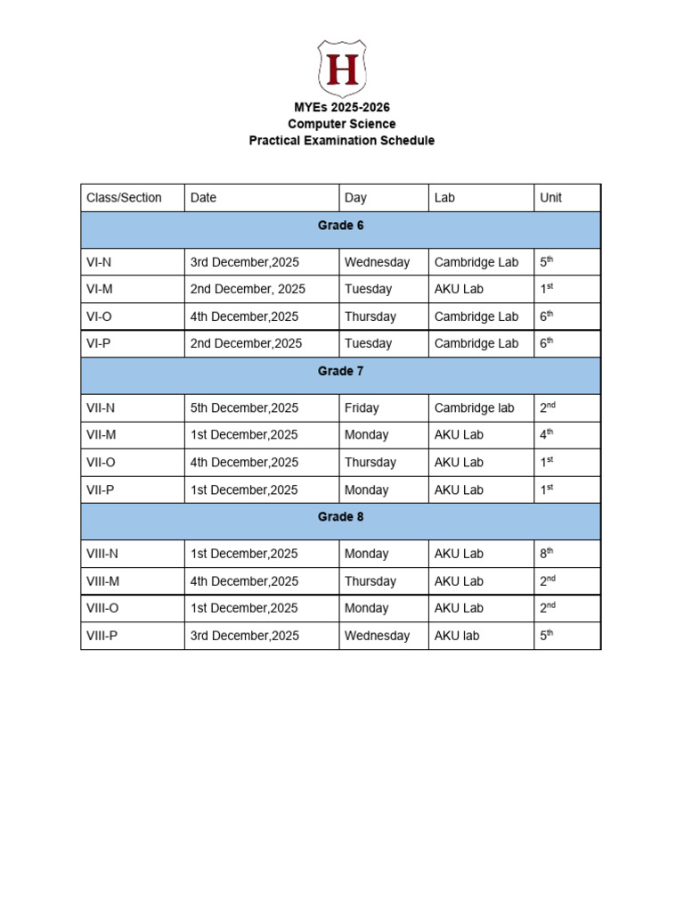 MYEs Computer Science Practical Examiation Schedule | PDF