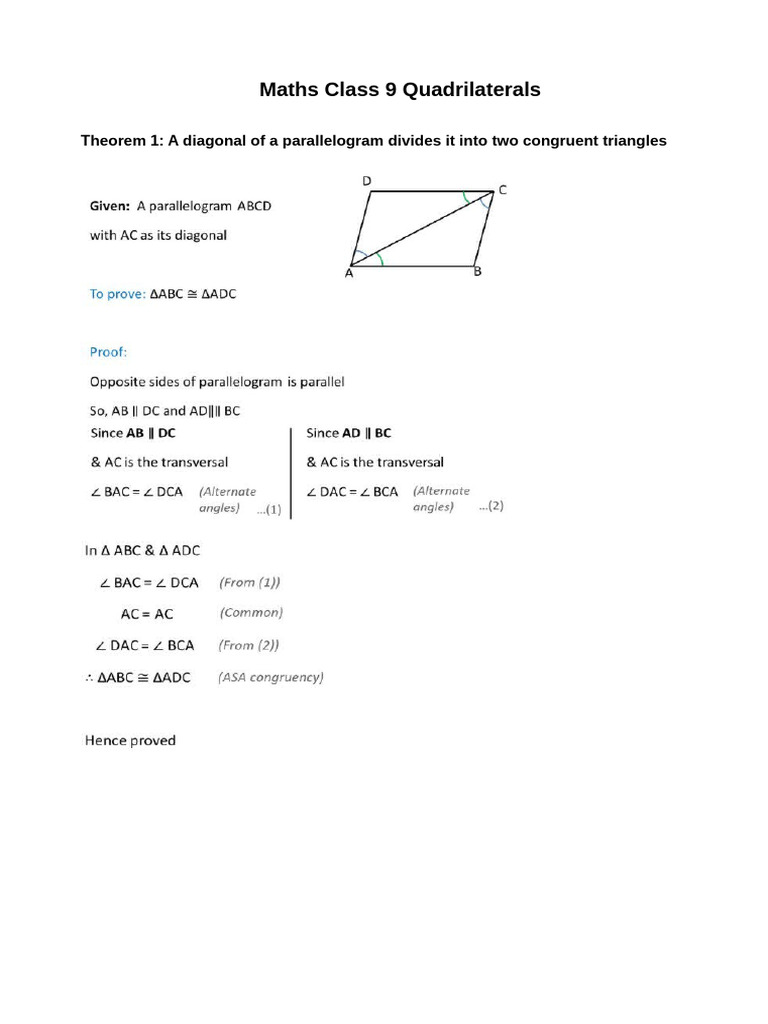 Class 9 Quadrilaterals Theorems Explained | PDF