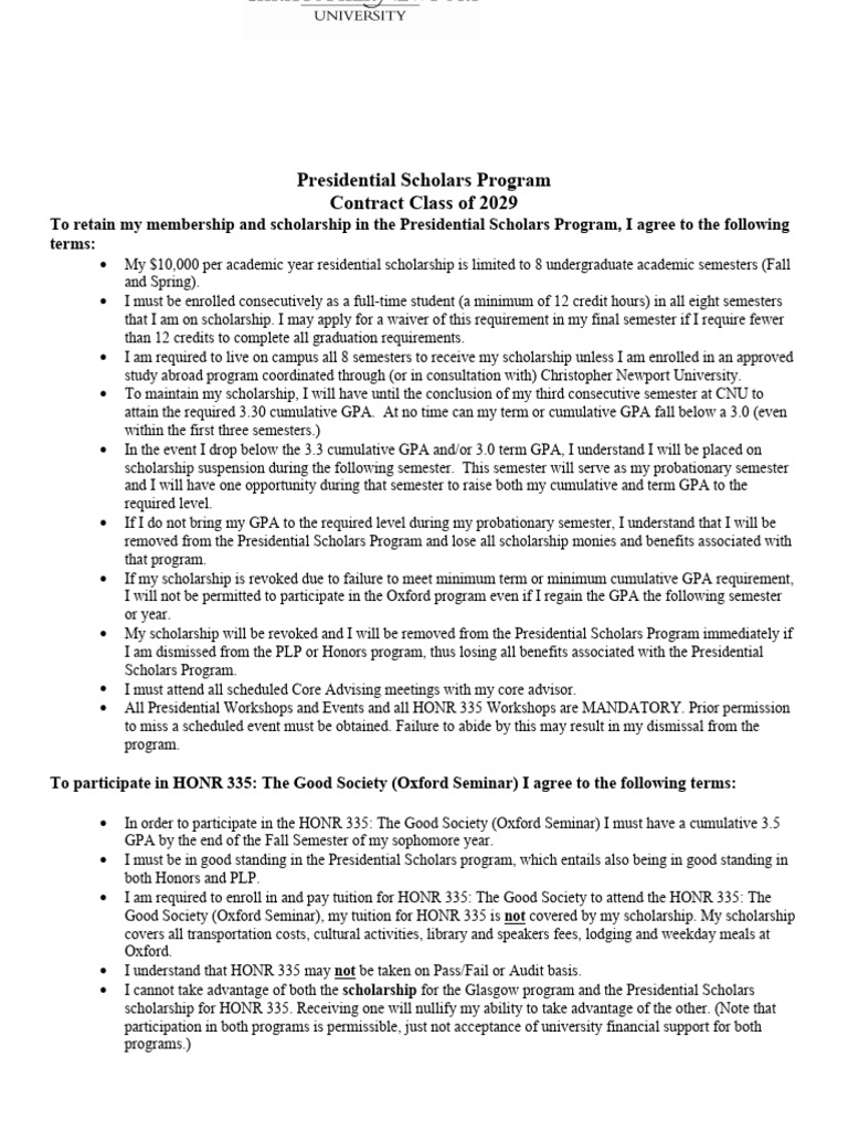 Presidential Scholars Program Contract Class of 2029 | PDF | Academia | Educational Stages