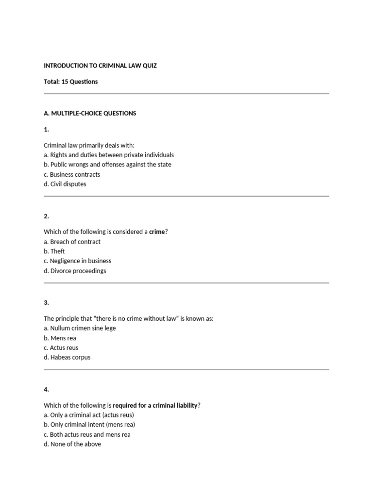 Criminal Law Quiz: 15 Key Questions | PDF | Criminal Law | Mens Rea