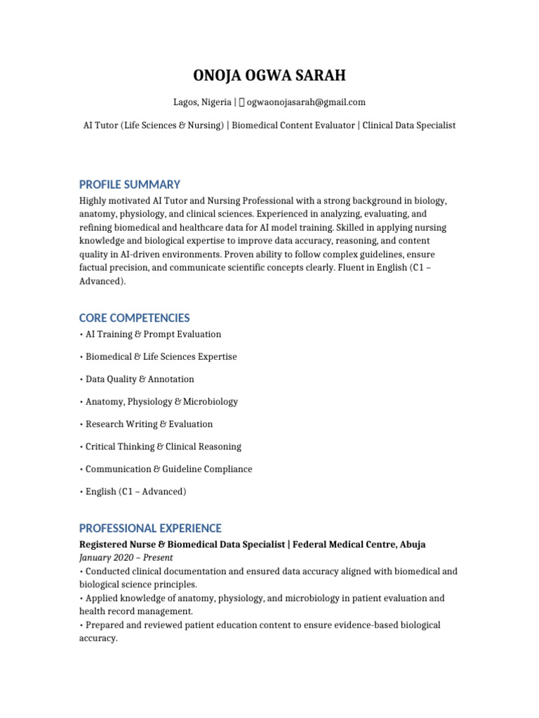 Sarah AI Tutor Life Sciences Nursing CV Updated | PDF | Artificial ...