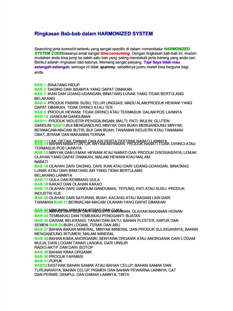 Ringkasan HARMONIZED SYSTEM Codes | PDF
