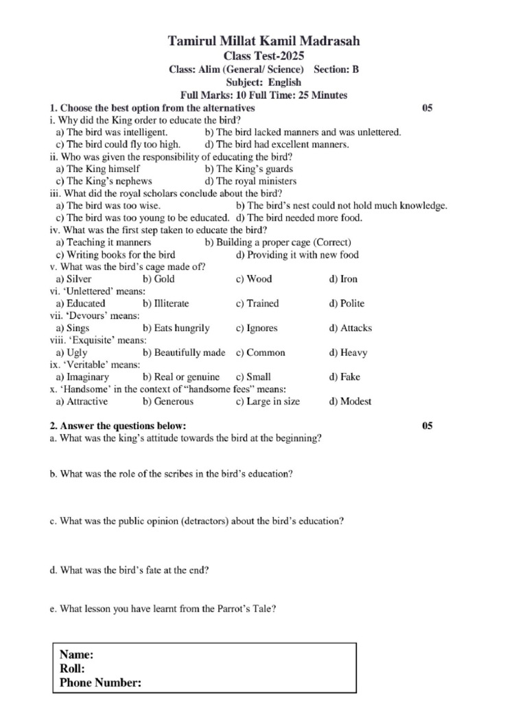 Parrot's Tale Seen Questions | PDF