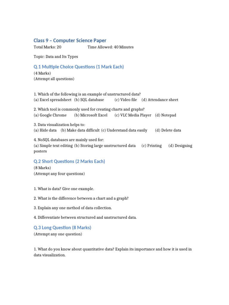 Class 9 Computer Science Paper | PDF