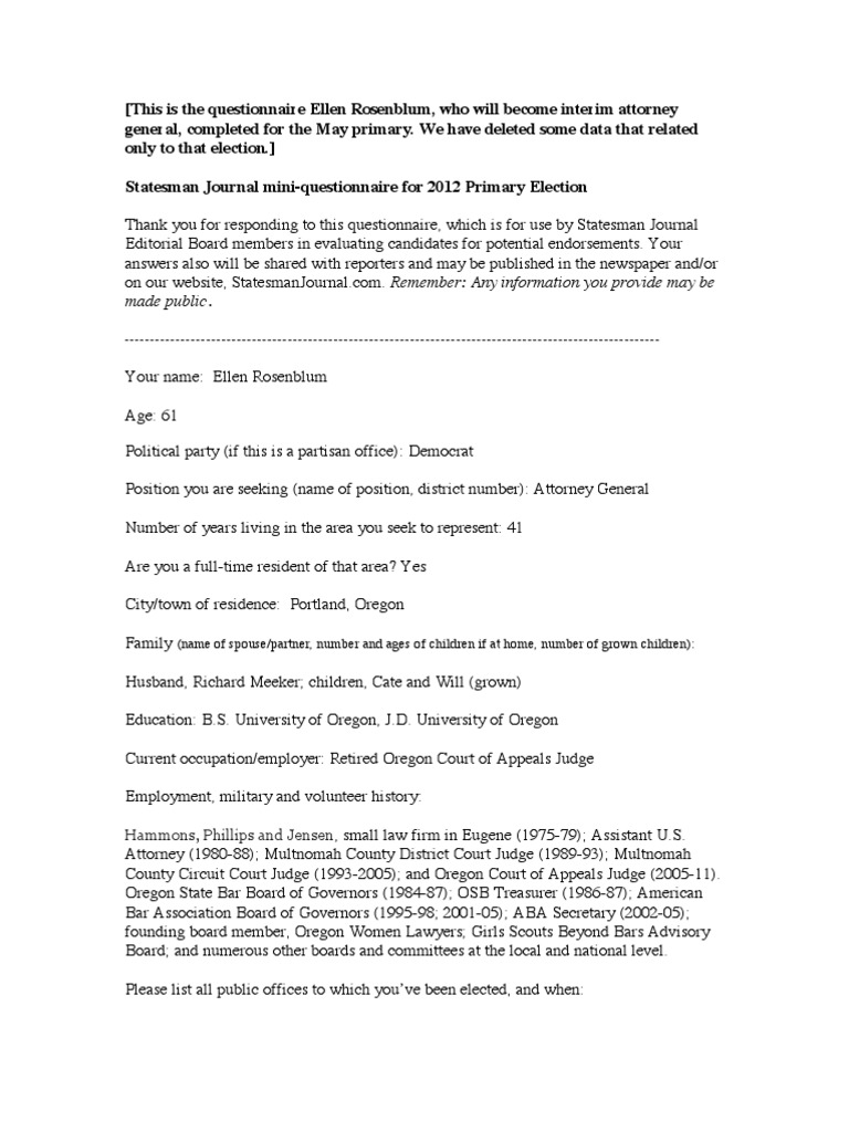 Ellen Rosenblum Questionnaire | PDF | Lawyer | Public Law