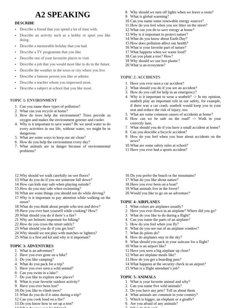 A2 Speaking Topics and Questions Guide | PDF