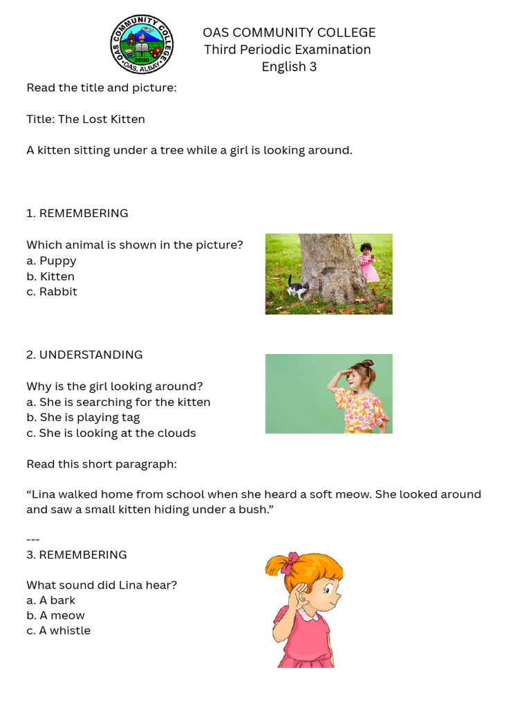 Read the Title and Picture Title the Lost Kitten Picture Imagine a ...