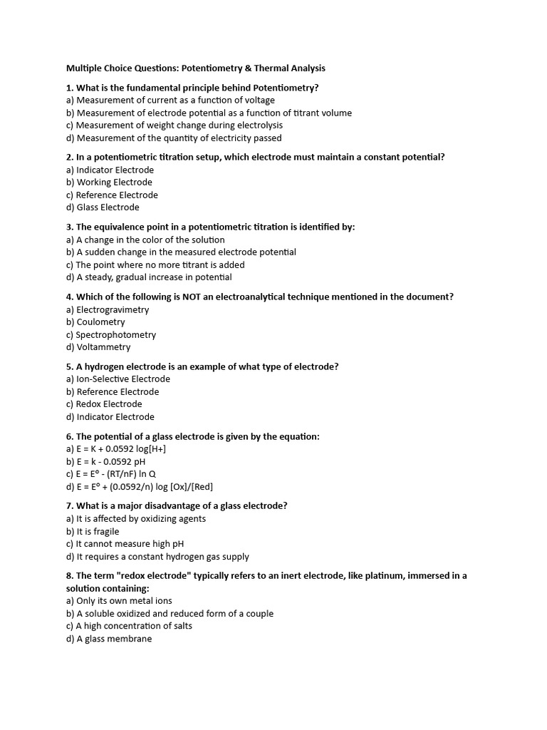 Multiple Choice Questions | PDF | Ph | Titration