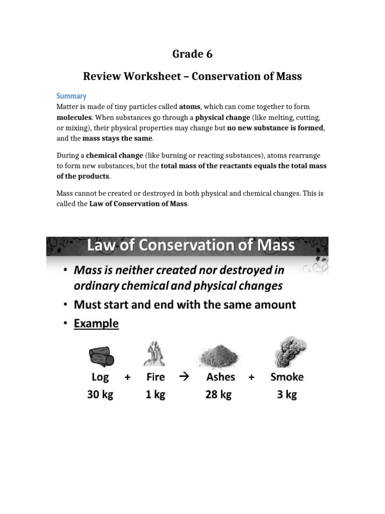 Grade 6 Conservation of Mass Worksheet | PDF | Matter | Chemical Reactions