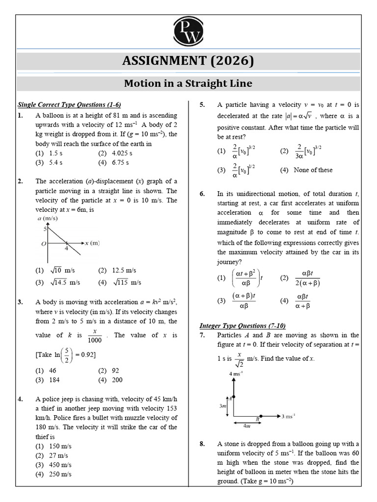 Practice Sheet_(JEE Mains.)_Class-XI_ Motion in a Straight Line | PDF | Acceleration | Temporal ...