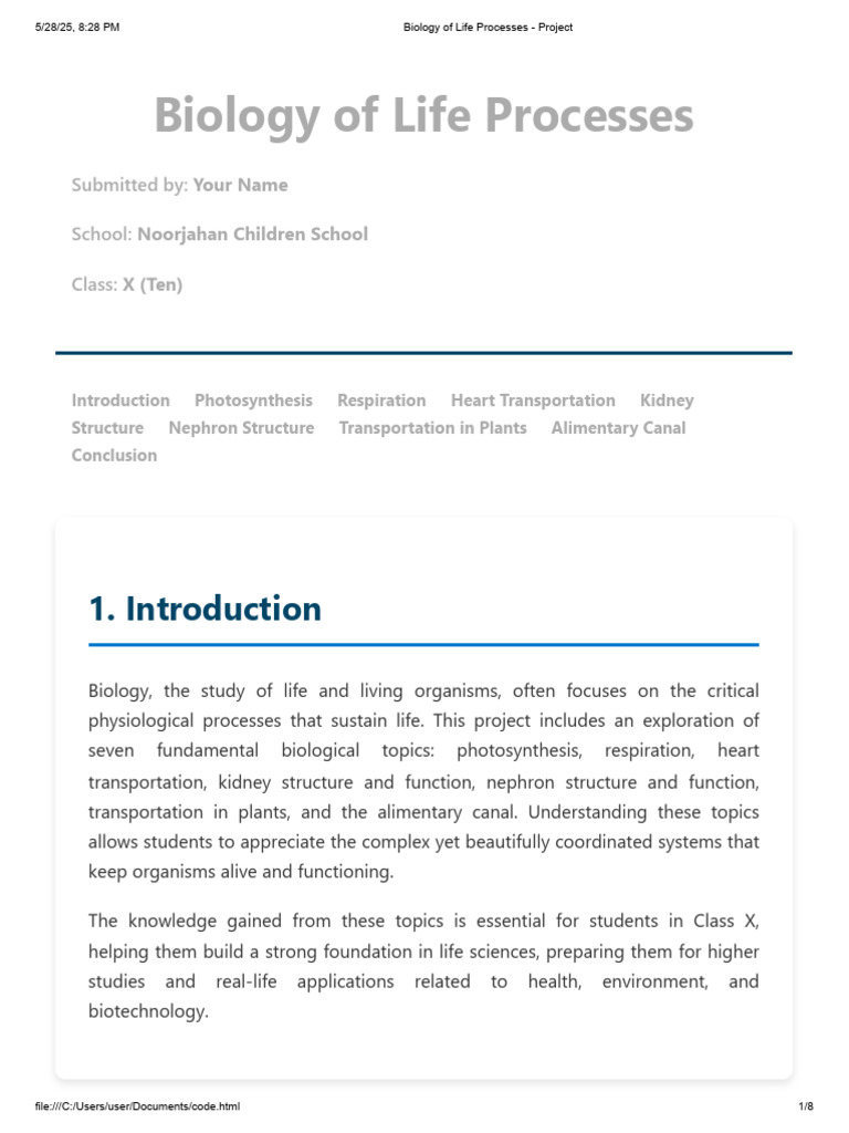 Biology Life Processes Project Overview | PDF | Cellular Respiration ...