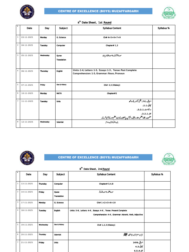 8th Grade Date Sheet Muzaffargarh | PDF | Subject (Grammar) | English ...