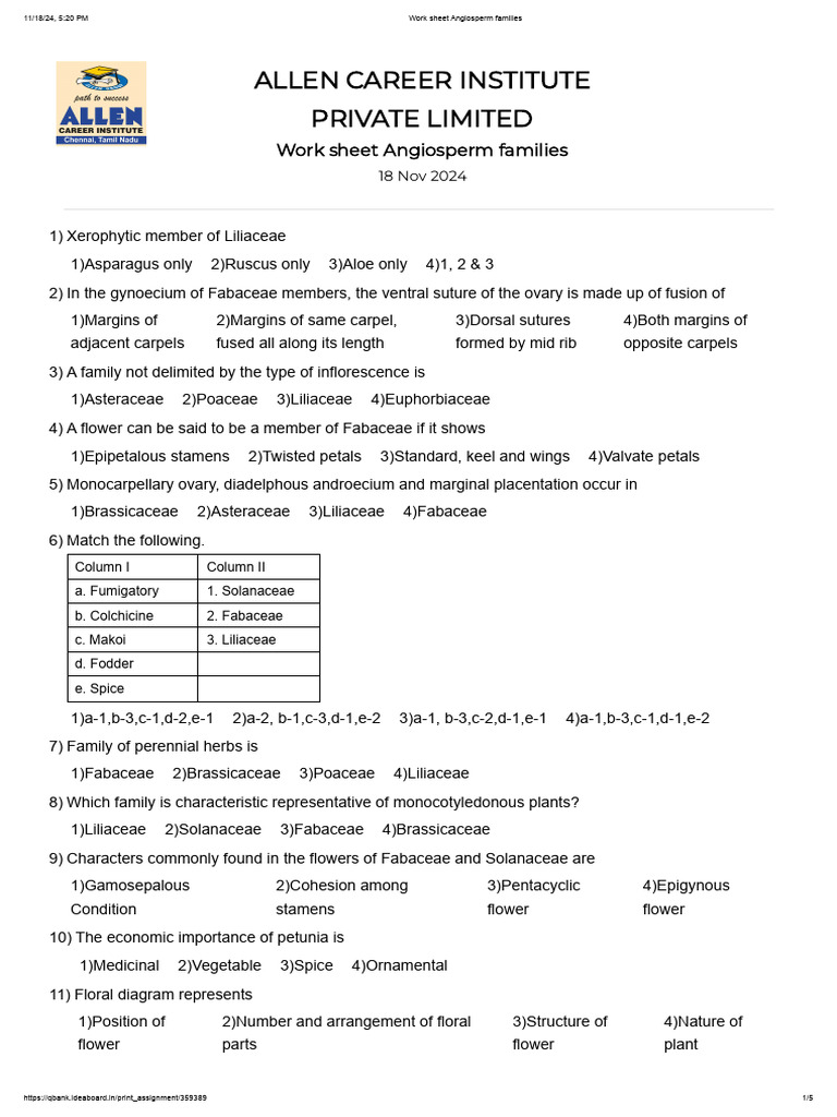 Angiosperm Families Worksheet Guide | PDF | Flowers | Petal