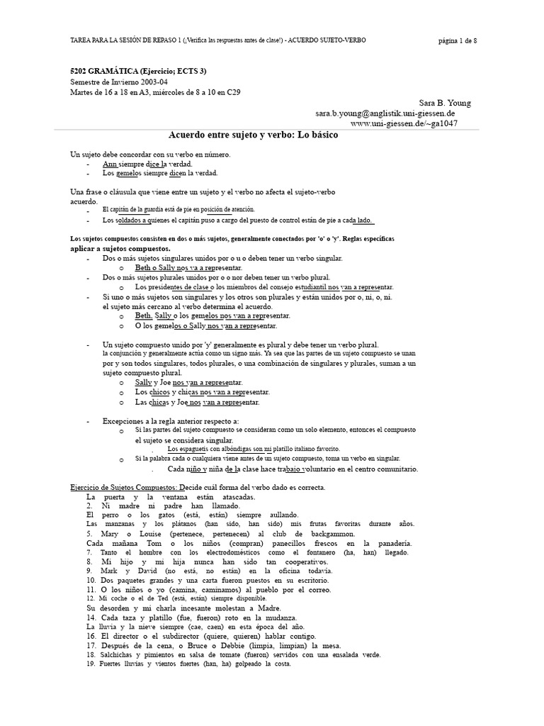 Acuerdo Sujeto-Verbo: Reglas Esenciales | PDF | Plural | Verbo
