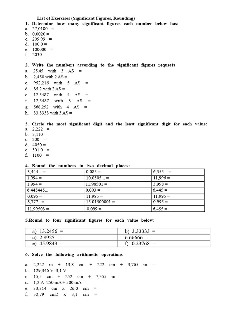 Exercises on Significant Figures and Rounding | PDF | Significant ...