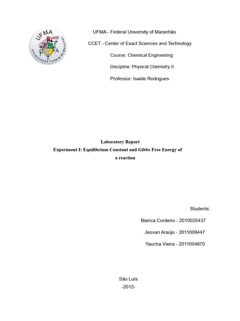 Equilibrium Constant & Gibbs Energy Experiment | PDF | Chemical ...