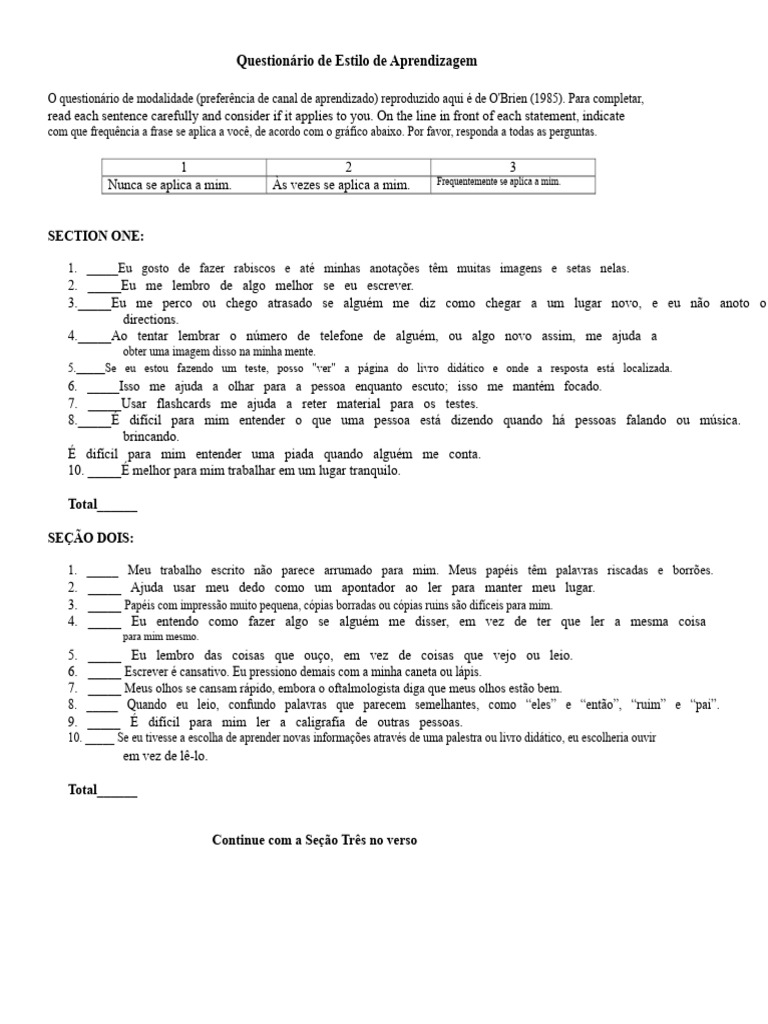 Questionário De Estilos De Aprendizagem Pdf Aprendizado Estilos