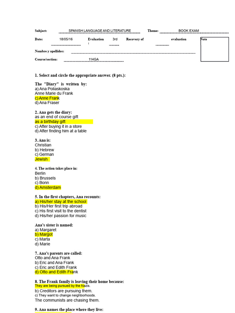 Exam Anne Frank with Solutions | PDF | Anne Frank