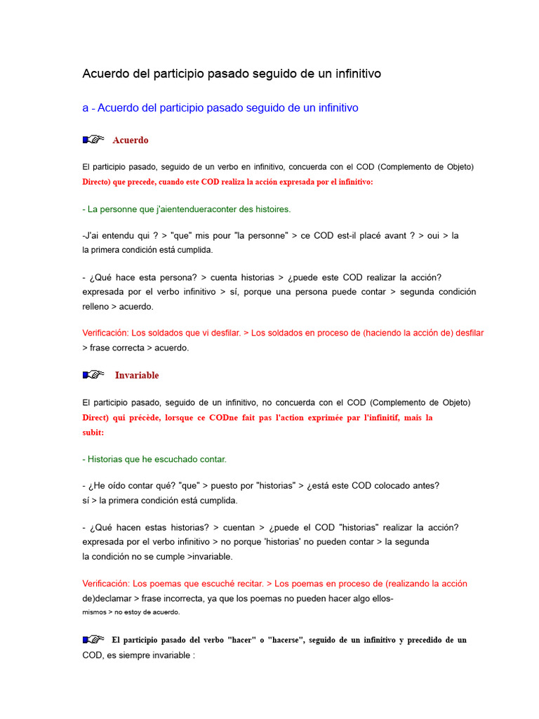 Acuerdo del participio pasado en francés | PDF | Verbo | Conjugación ...