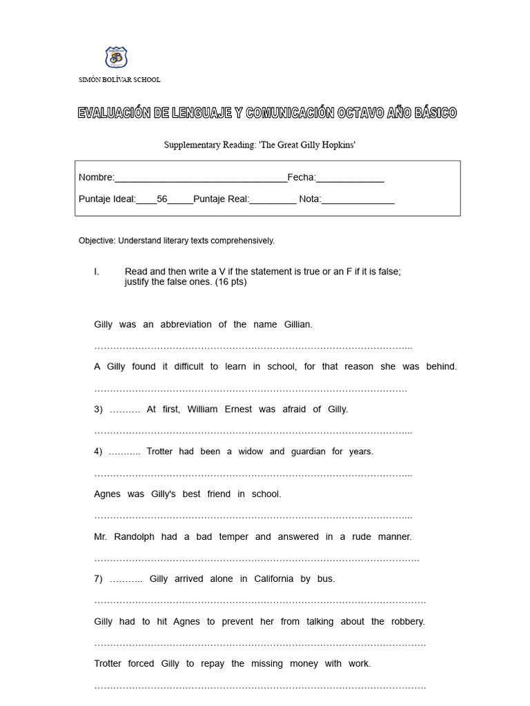 Gilly Hopkins Reading Comprehension Test | PDF