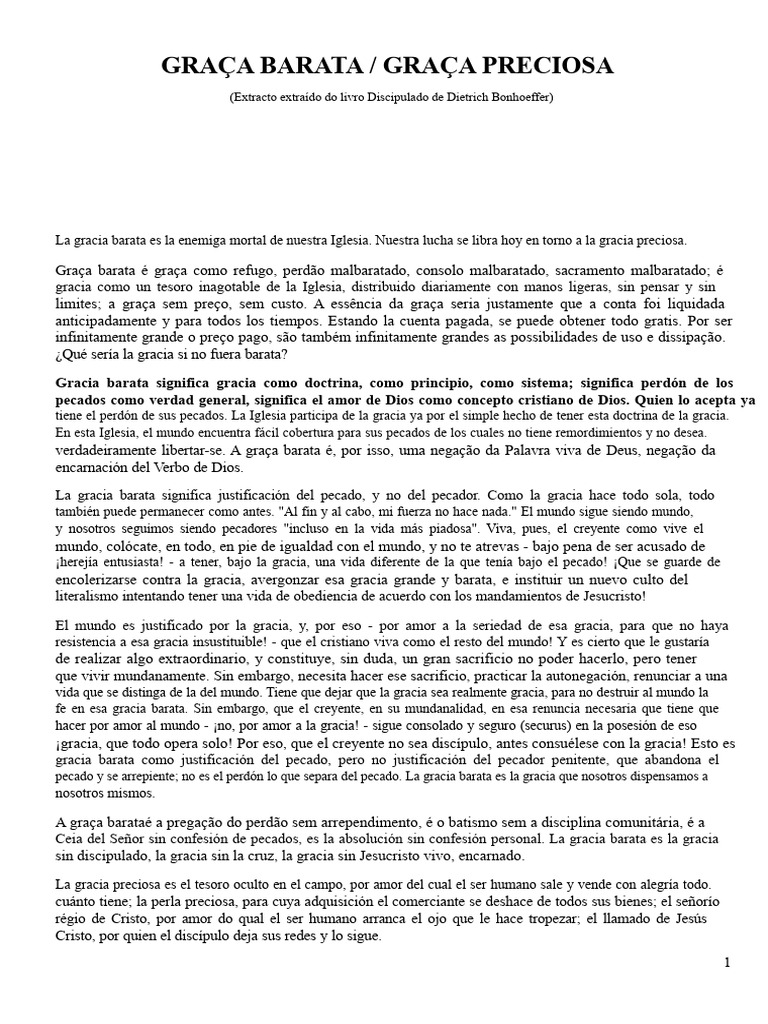 La Gracia Preciosa - Dietrich Bonhoeffer | PDF | Gracia divina | Gracia ...